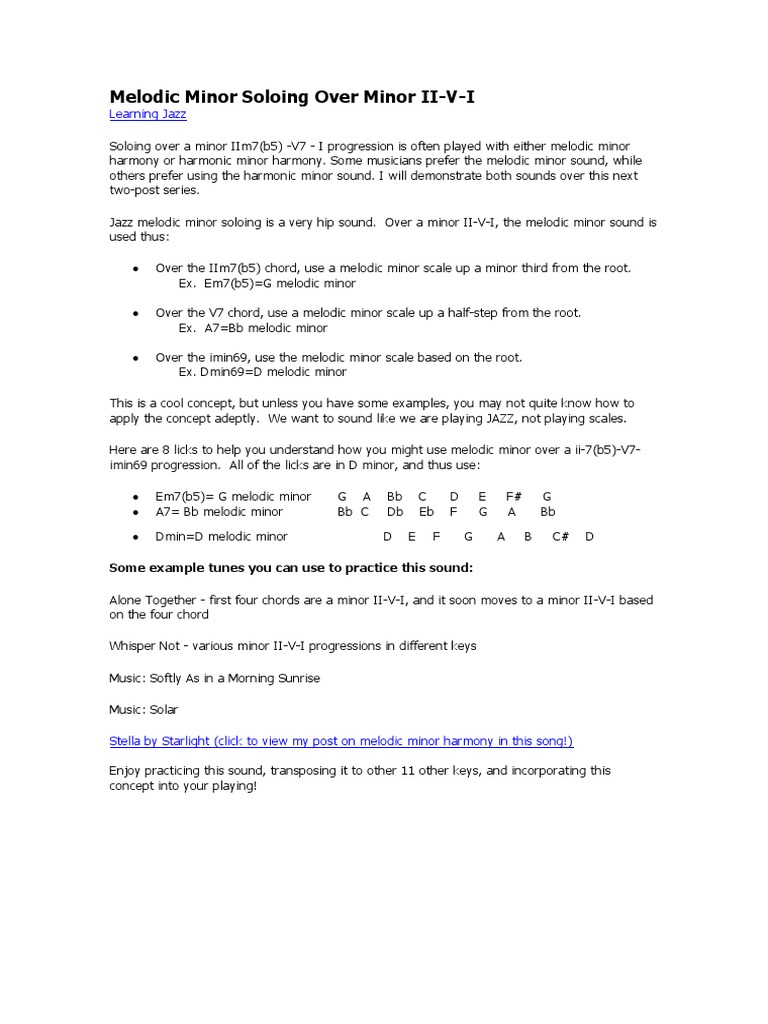 Demonstrating Melodic Minor Soloing Over Minor II-V-I Progressions with Examples in D Minor | PDF