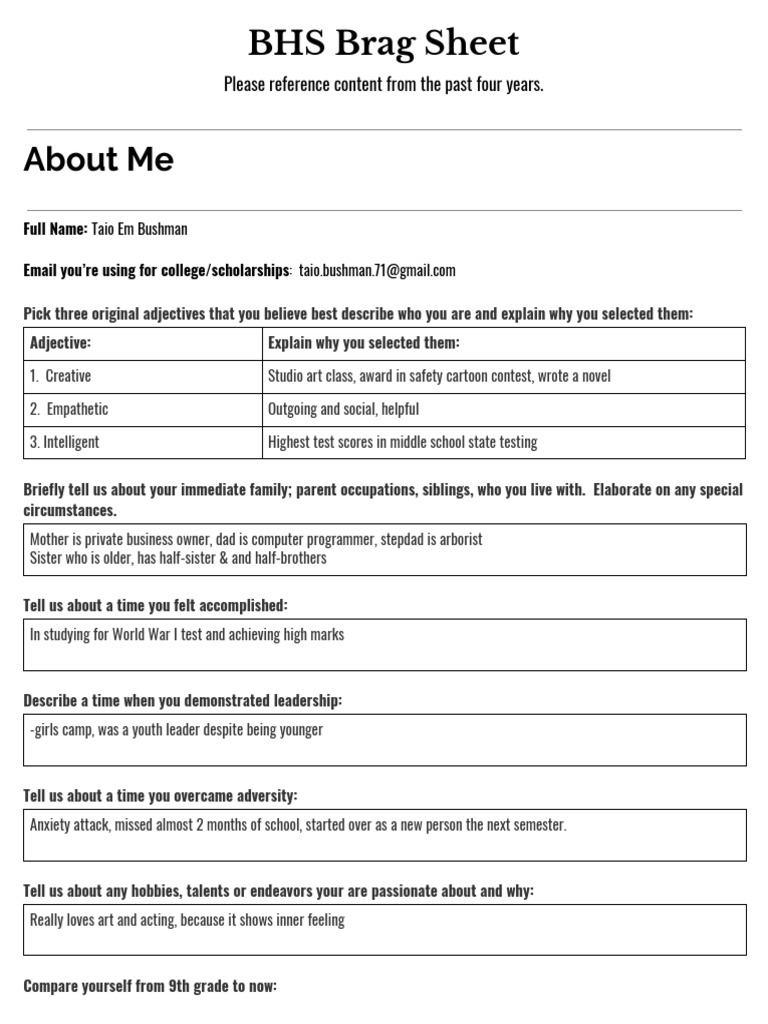Bhs Brag Sheet | PDF | Sibling | Behavior Modification