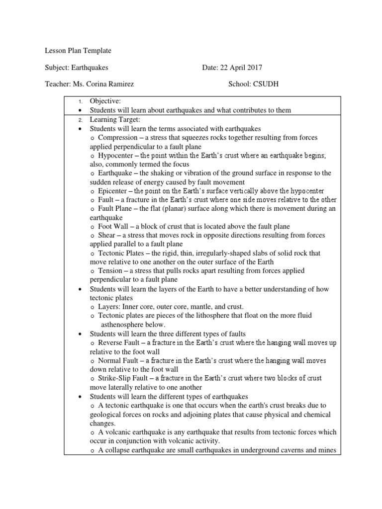 Earthquake Lesson Plan | PDF | Earthquakes | Fault (Geology)
