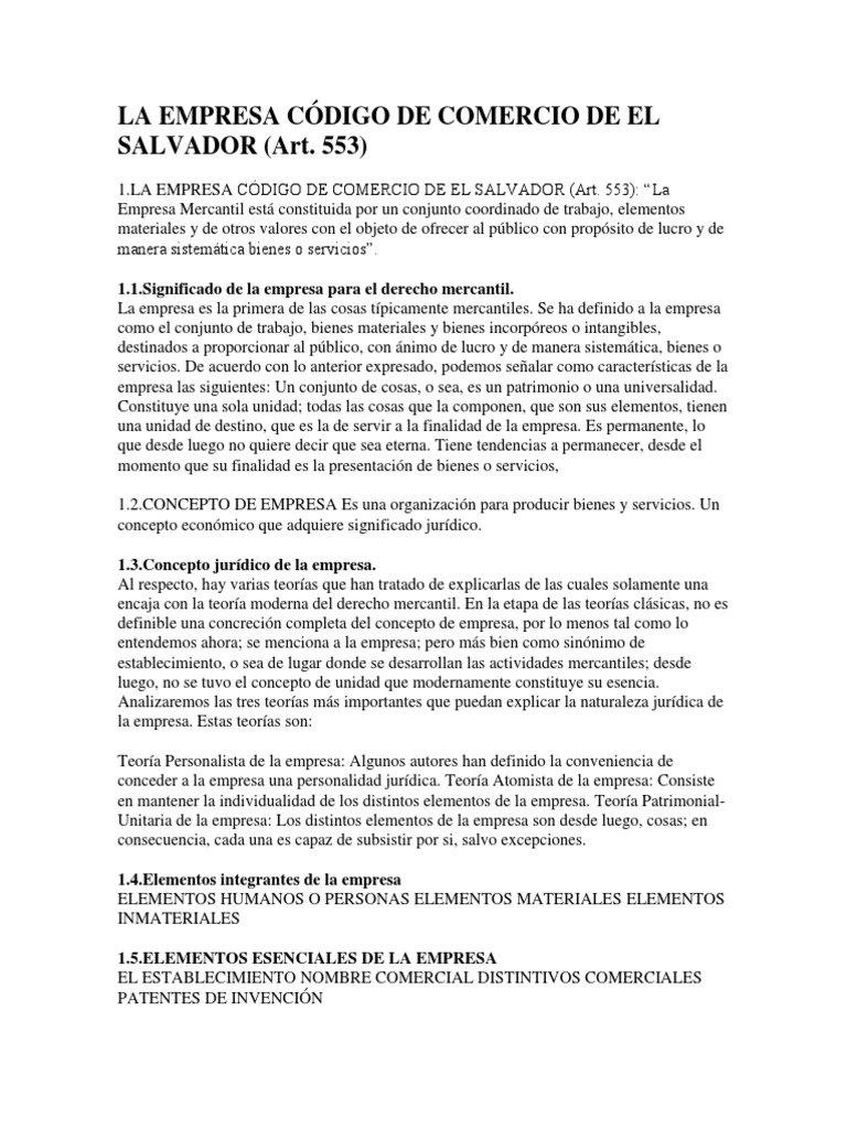 Elementos de La Empresa Segun El Codigo de Comercio de El Salvador | PDF | Bienes (Ley) | Comercio