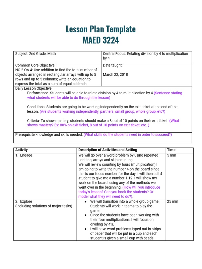 3224 Lesson Plan Template | PDF | Lesson Plan | Multiplication