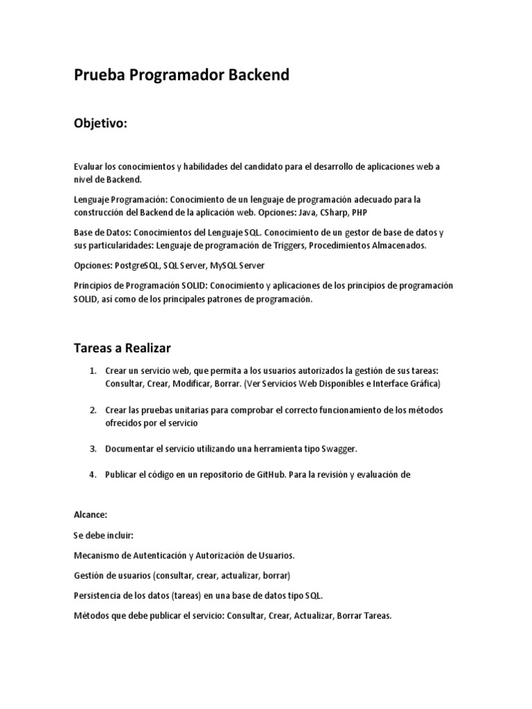 Prueba Programador Backend | PDF | SQL | Programación de computadoras