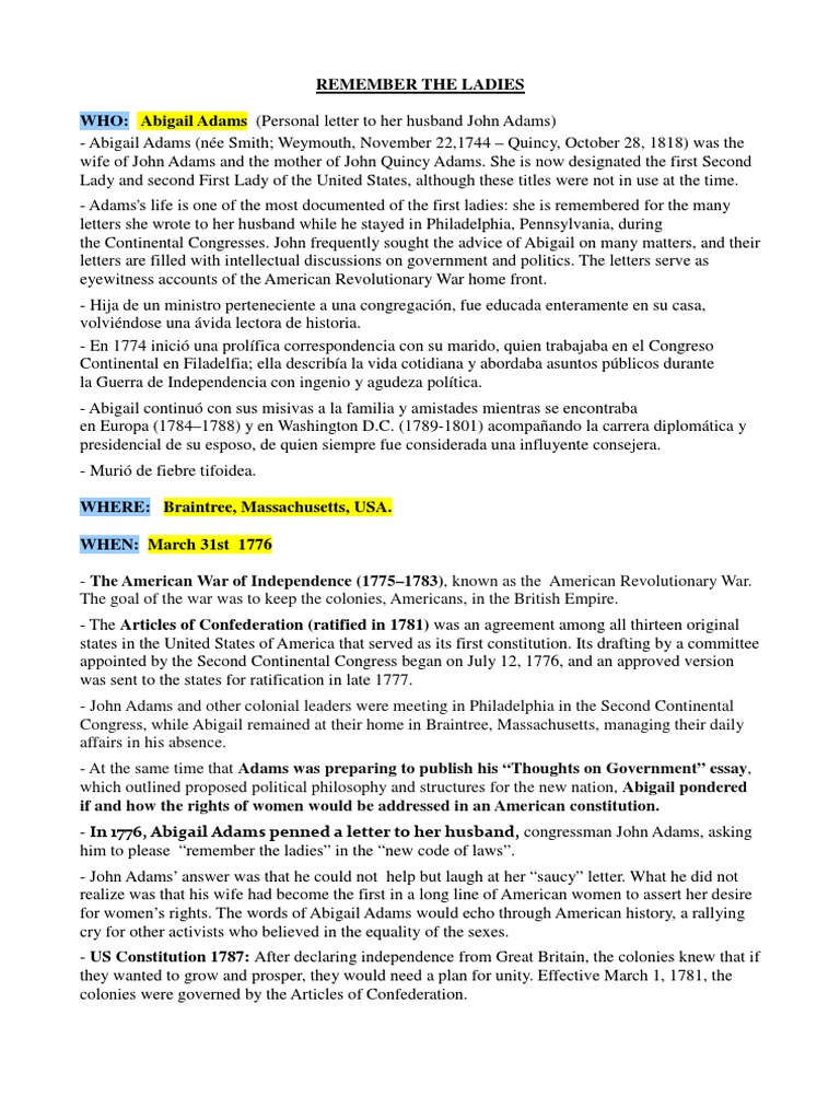 Main Ideas Remember The Ladies | PDF | Abigail Adams | John Adams