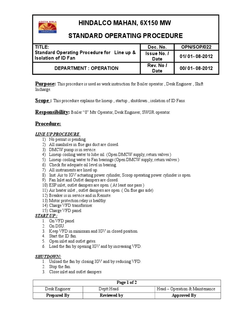 ID Fan Operation & Isolation SOP | PDF | Mechanical Engineering | Machines