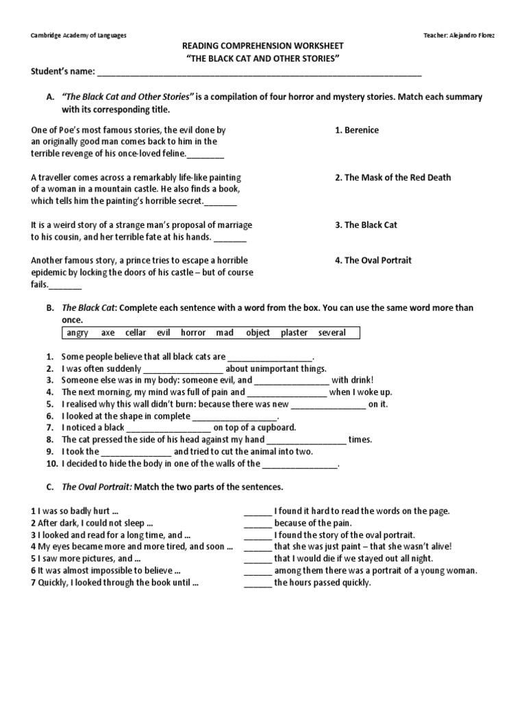 The Black Cat Reading Comprehension Worksheet | PDF | General Fiction