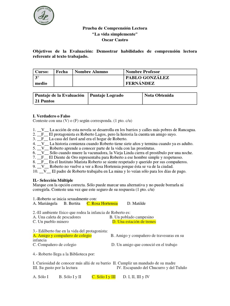 Prueba de Comprensión: "La Vida Simplemente" | PDF