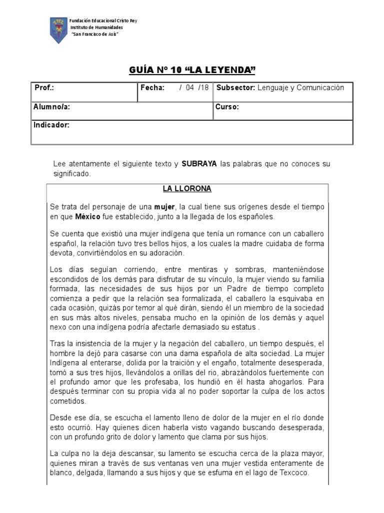 Actividades sobre la Leyenda de la Llorona | PDF | Artes del Lenguaje y ...