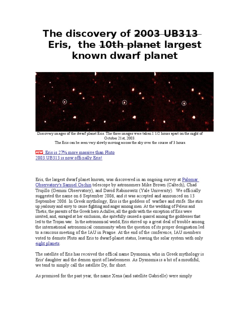 The Discovery of 2003 UB313 Eris, The 10th Planet Largest Known Dwarf ...