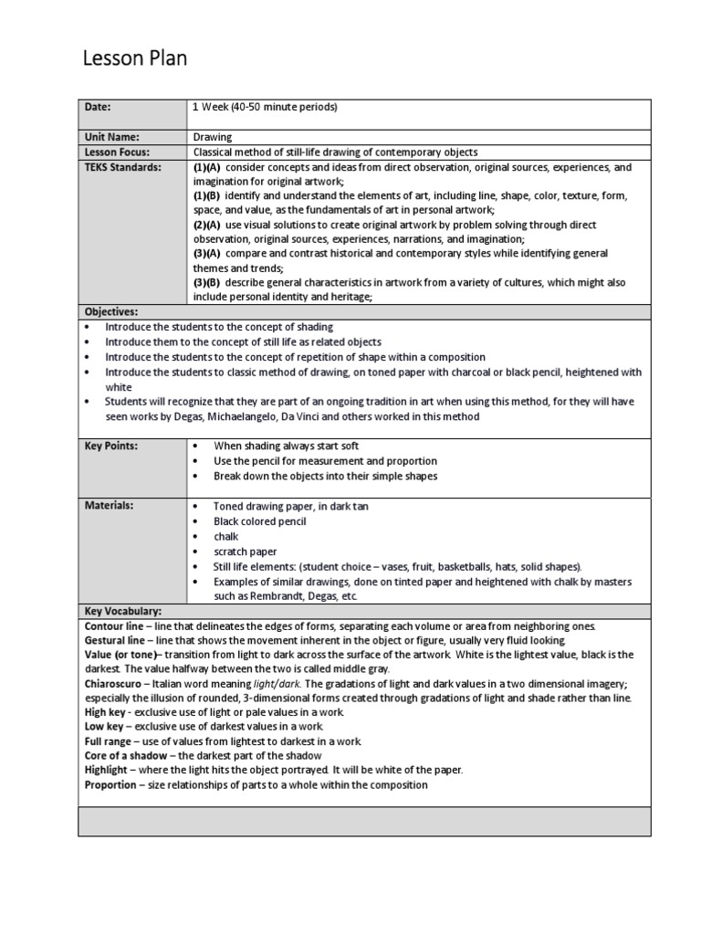 Drawing Lessin Plan | PDF | Still Life | Visual Arts