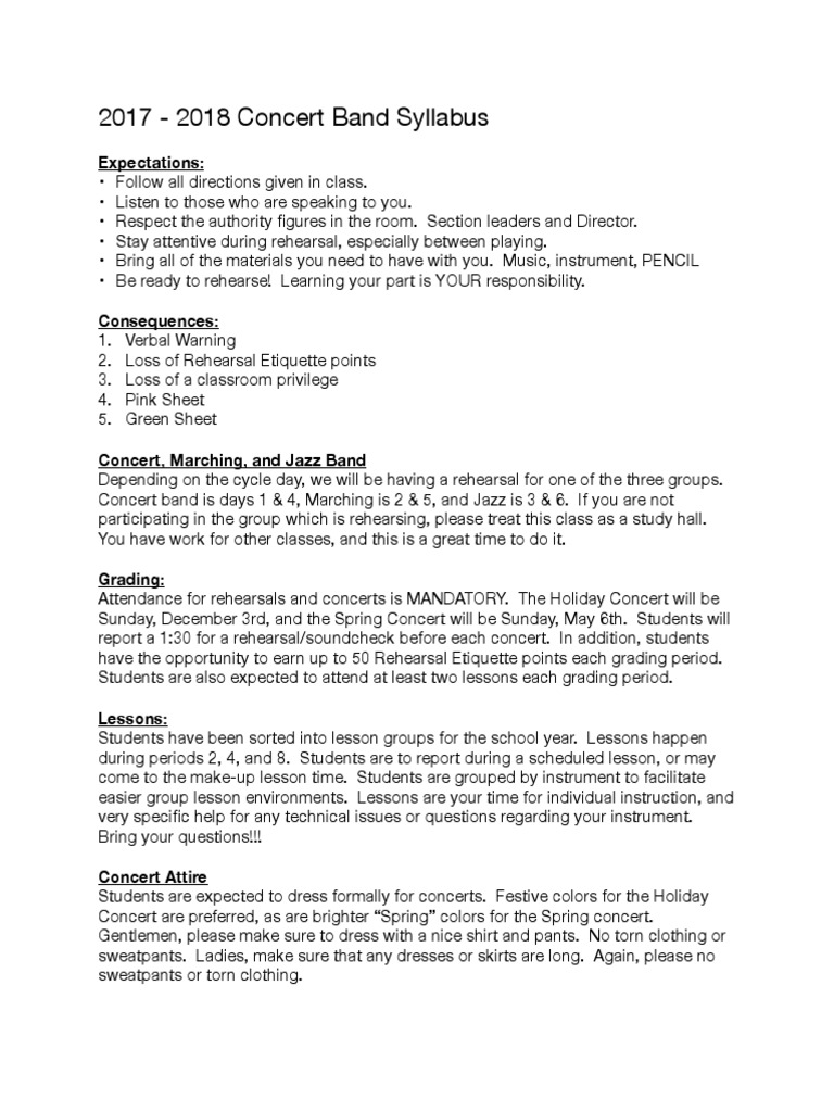 2017 - 2018 Concert Band Syllabus: Expectations | PDF