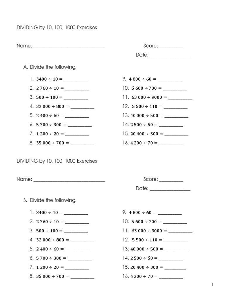 Practice Dividing by Powers of Ten: A Worksheet for Students to Divide ...