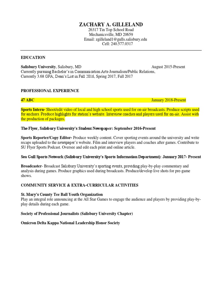Zachary Gilleland's Journalism Resume | PDF