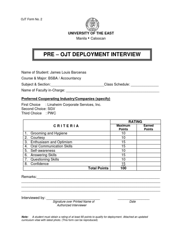 PRE - Ojt Deployment Interview: University of The East | PDF | Learning ...