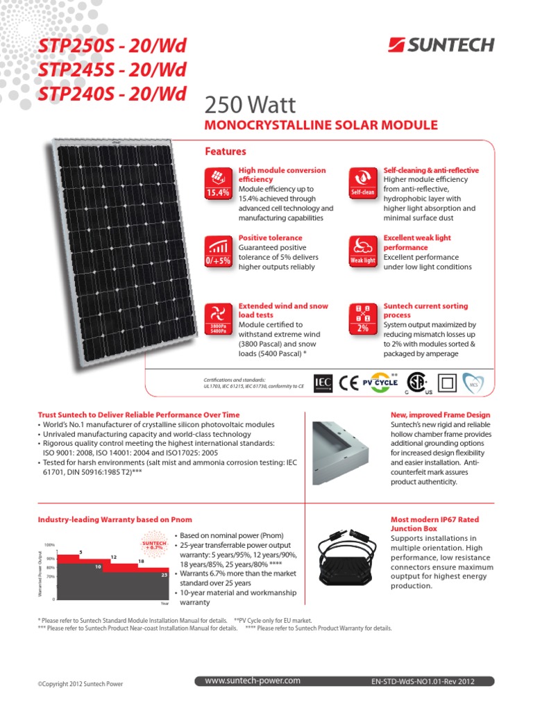Suntech-250-Datasheet.pdf | Solar Panel | Electrical Engineering