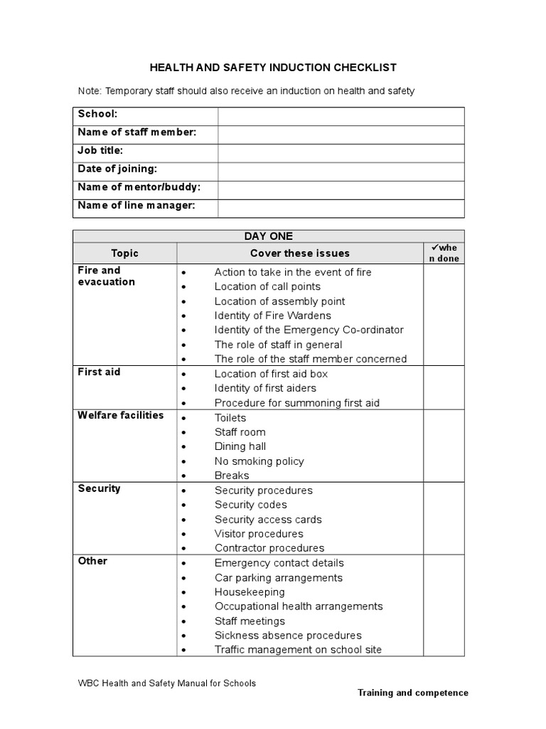 Health and Safety Induction - Checklist | PDF | Occupational Safety And ...