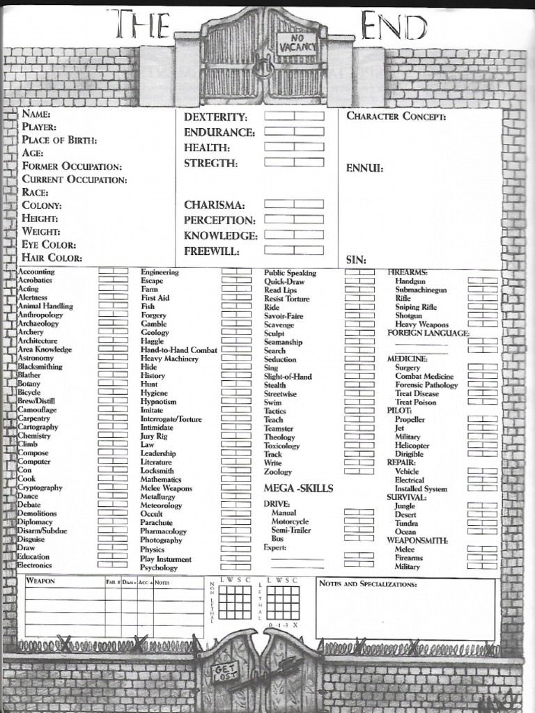 The End Scapegoat Edition Character Sheet | PDF