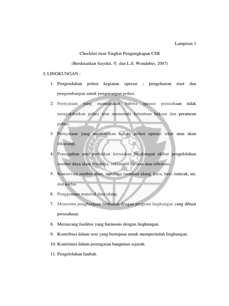Checklist Item Tingkat Pengungkapan CSR PDF | PDF