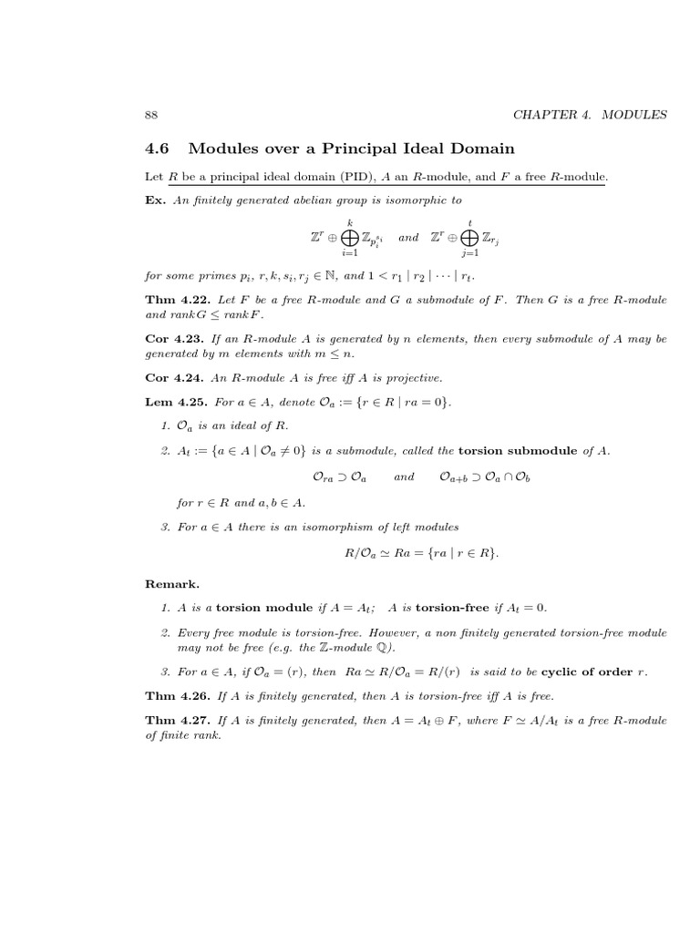 4.6 Modules Over A Principal Ideal Domain: R K P R T R | PDF | Module (Mathematics) | Universal ...