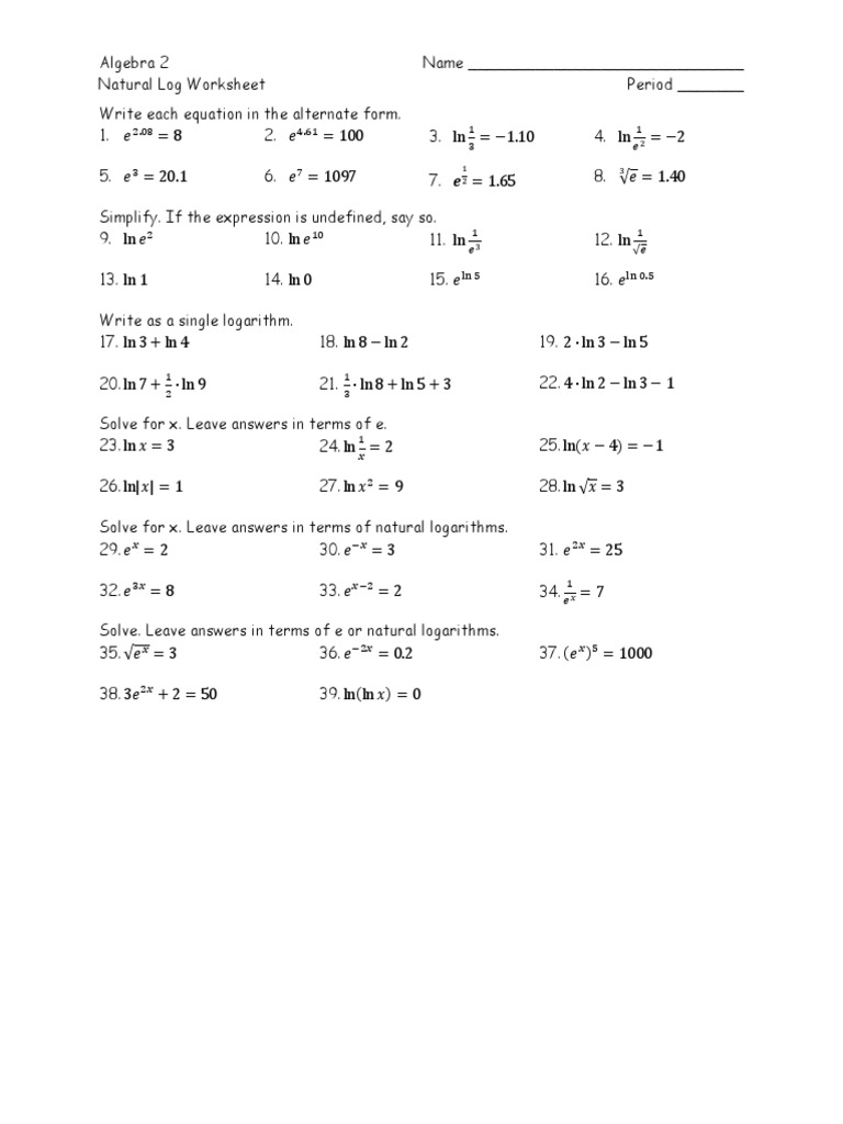 Algebra 2 Natural Log Worksheet | PDF
