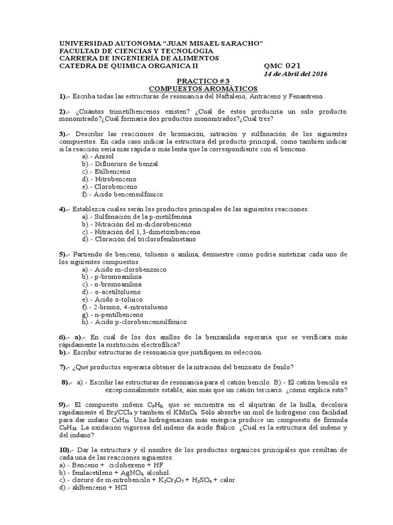Practico 3 - Compuestos Aromáticos - QMC 021 | PDF | Benceno | Hidrocarburos aromáticos