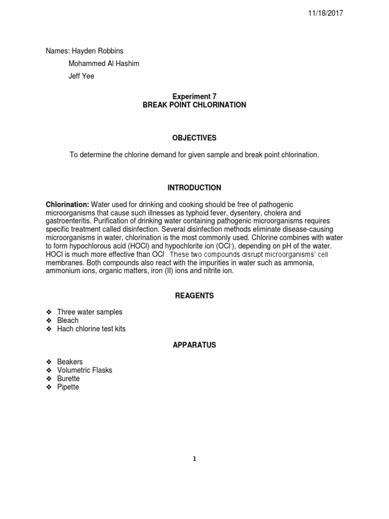 Example Break Point Chlorination Lab | PDF | Bleach | Chlorine