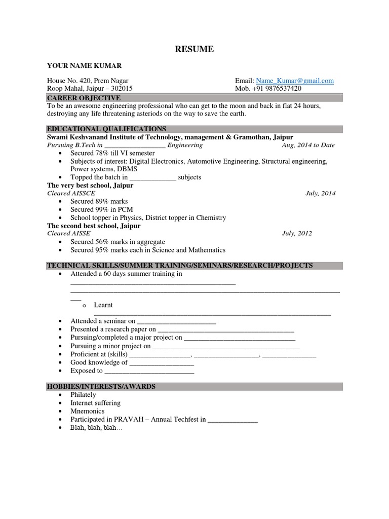 Resume: Pursuing B.Tech in - Engineering Aug, 2014 To Date | PDF