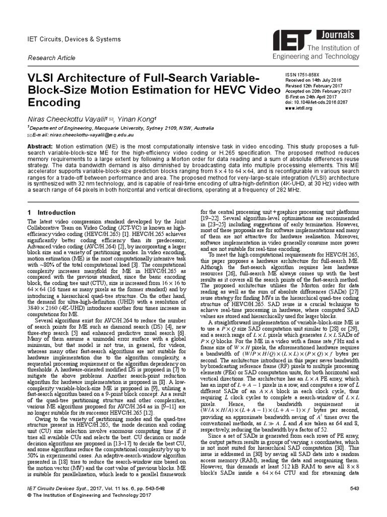 VLSI Architecture of Full-Search Variable-Block-Size Motion Estimation For HEVC Video Encoding ...