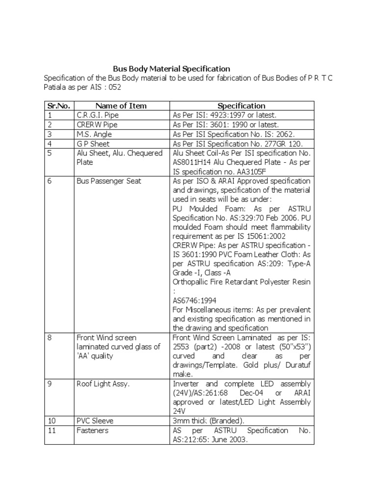 Bus Body Material Specification PRTC PDF Door Building Engineering
