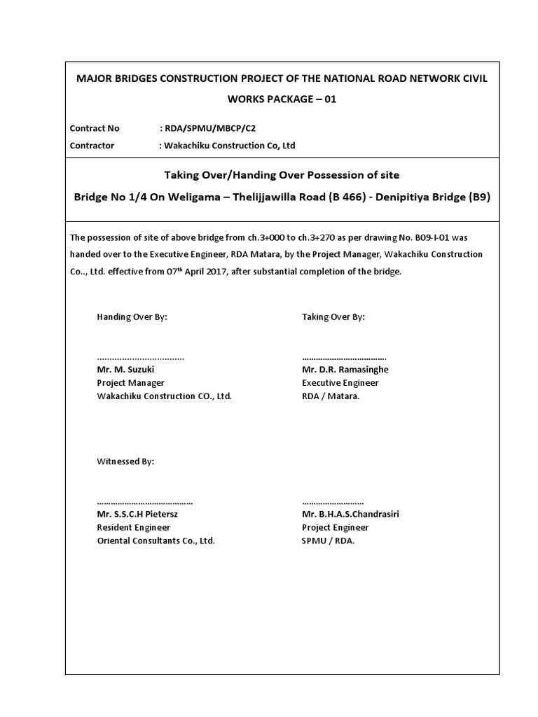 Bridge Handing Over Format | PDF