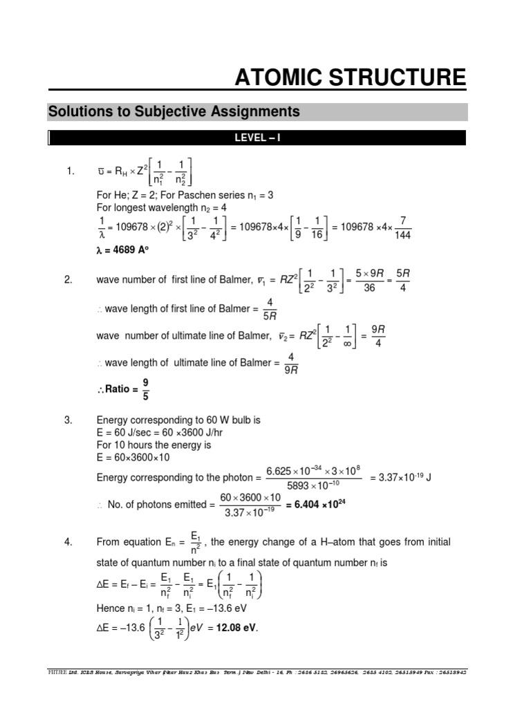Atomic Structure: Solutions To Subjective Assignments | PDF ...