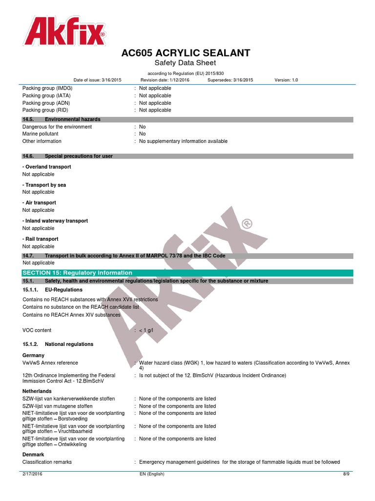 Ac605 Acrylic Sealant: Safety Data Sheet | PDF | Dangerous Goods ...