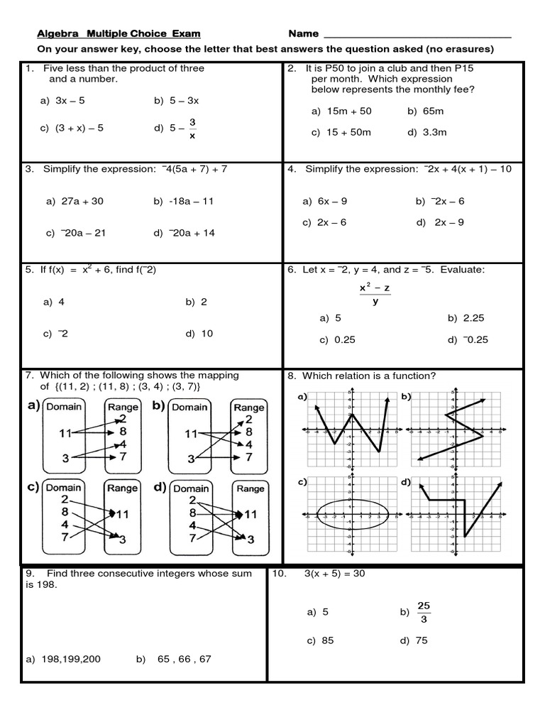Algebra Multiple Choice Exam Questions | PDF | Elementary Mathematics ...