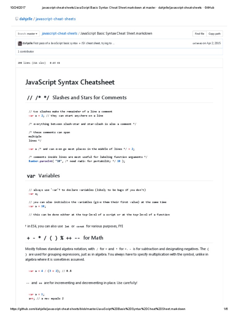 Javascript Cheat Sheet | PDF | Array Data Type | Html Element