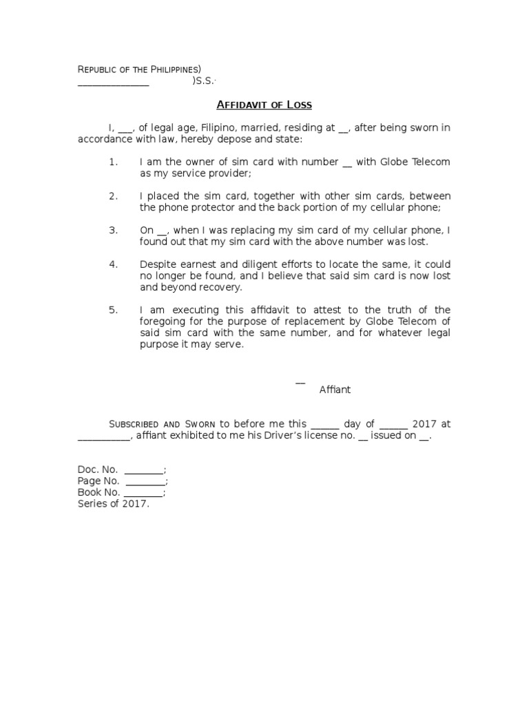 Affidavit of Loss - Sim Card | PDF | Affidavit | Telephony Equipment