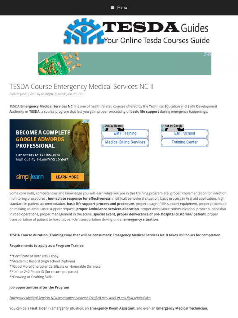 TESDA Course Emergency Medical Services NC II - TESDA Guides | PDF ...