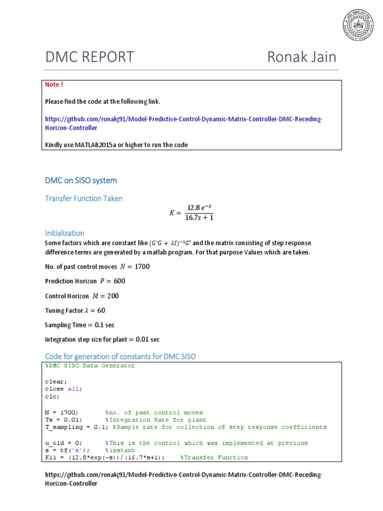 Model Predictive Control Report by Ronak Jain | PDF | Matlab ... Model Predictive Control Report by Ronak Jain | PDF | Matlab ...