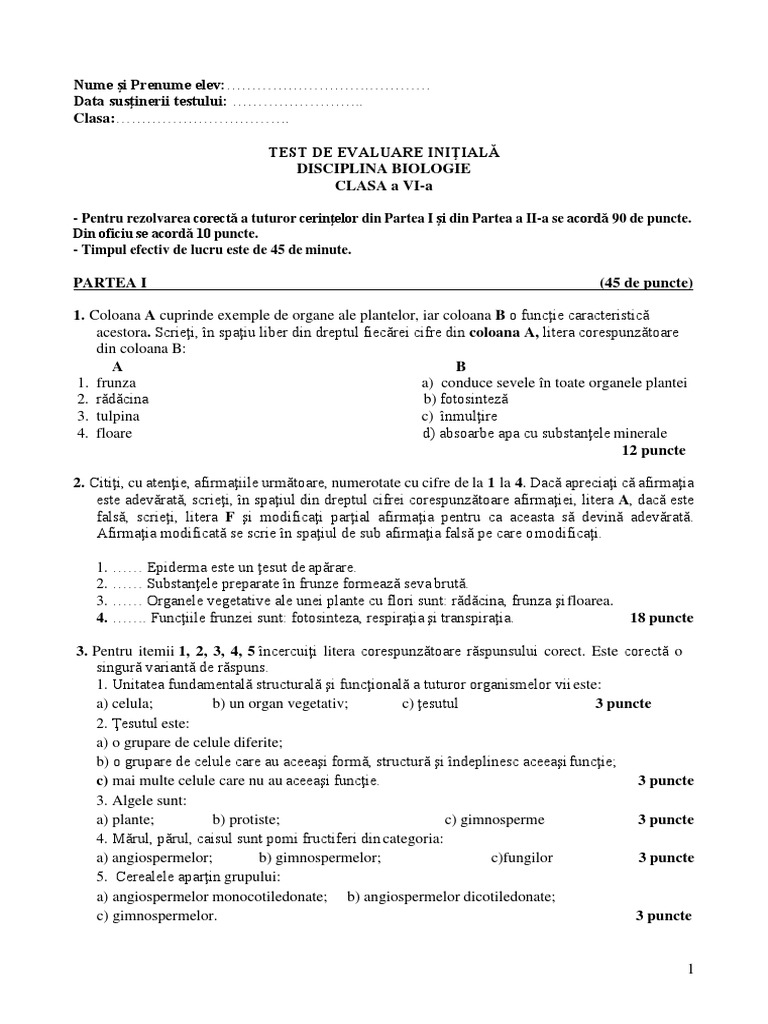 Test Biologie Clasa 6 - Evaluare Inițială | PDF