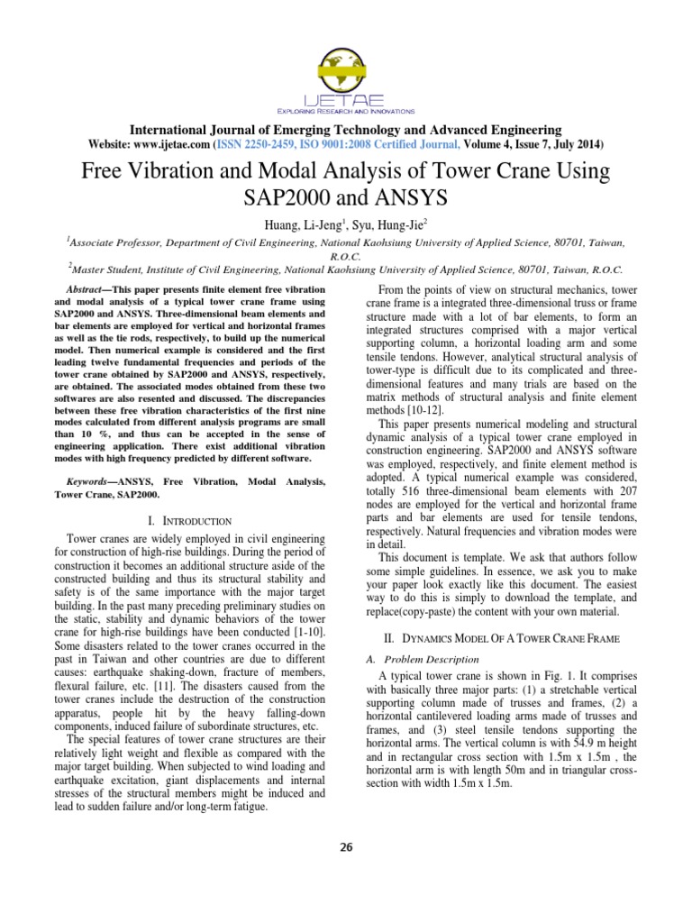 Finite Element Analysis of the Free Vibration and Modal Characteristics of a Tower Crane ...