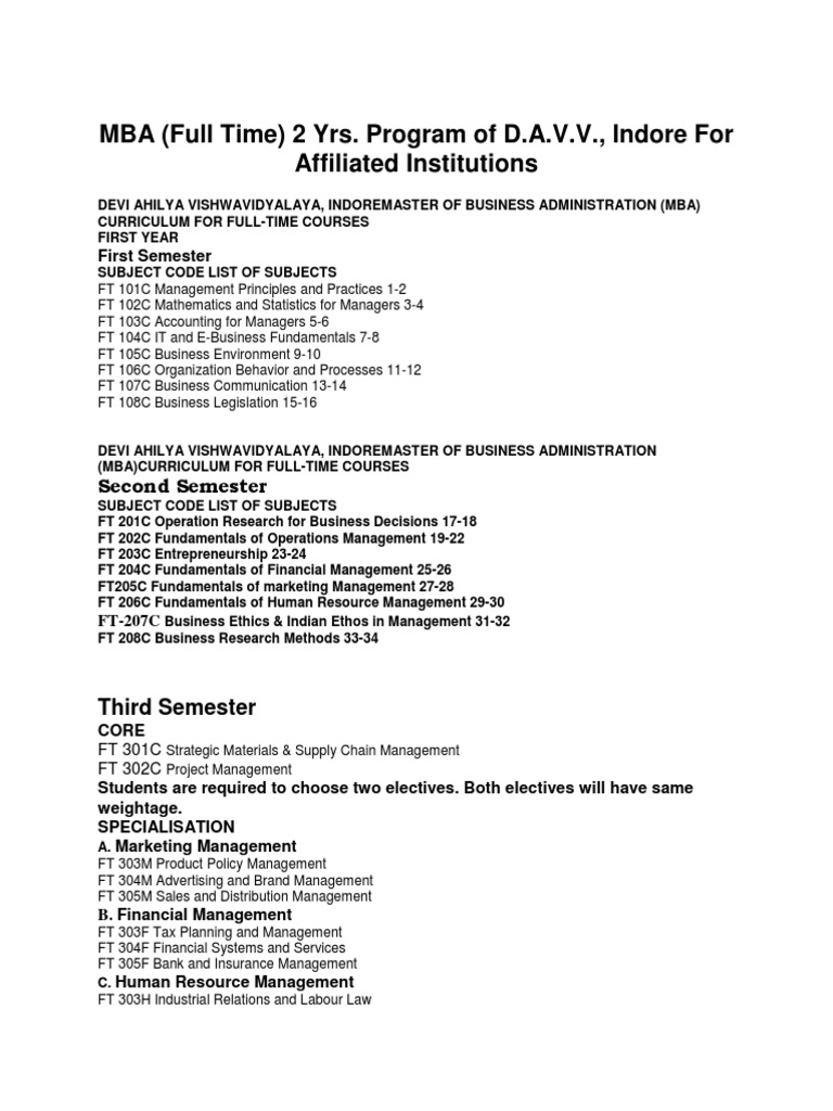 Davv Mba Syllabus All 4 Sems | PDF