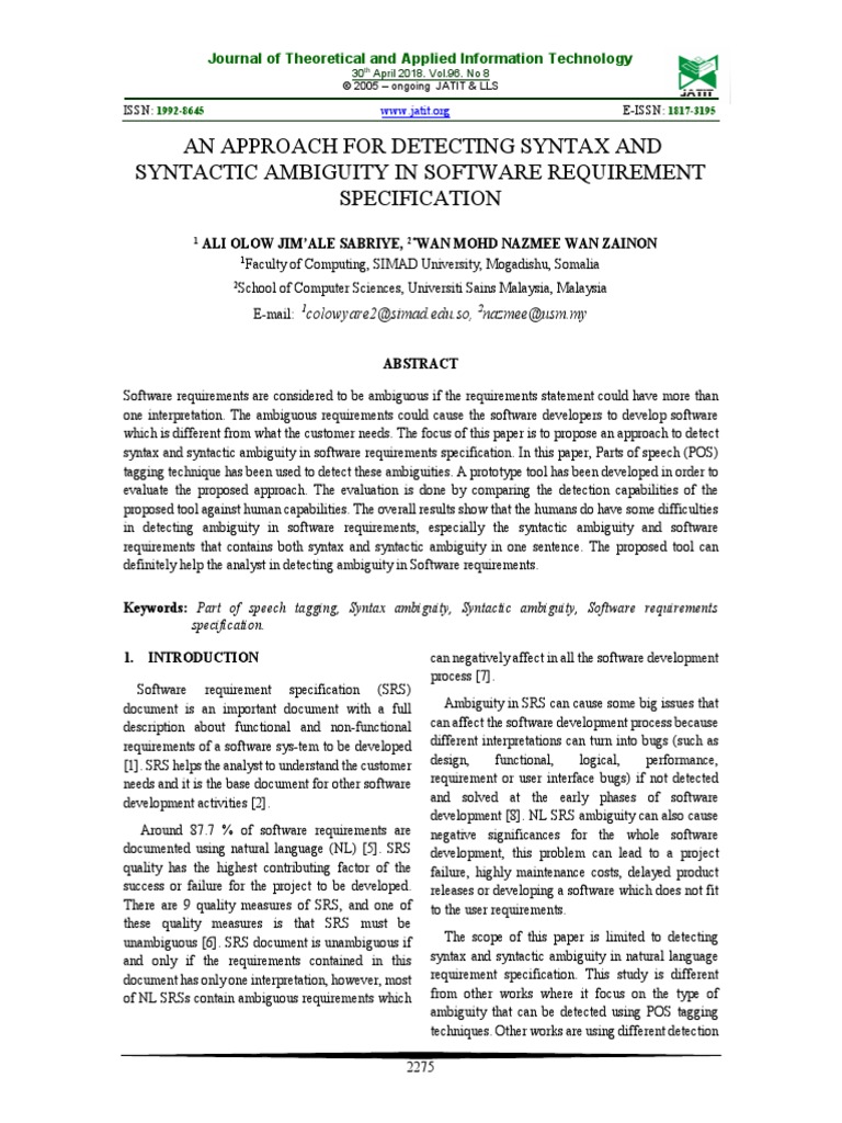 An Approach For Detecting Syntax and Syntactic Ambiguity in Software Requirement Specification ...