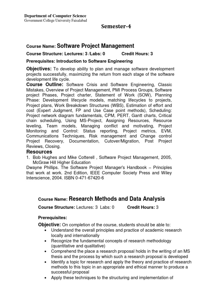 4th Semester GCUF Course Outline-MS.c CS | PDF | Project Management ...