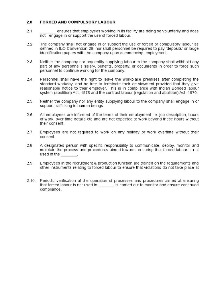 2.0 Forced and Compulsory Labour | PDF | Unfree Labour | Overtime
