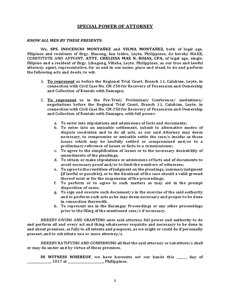 SPA To Represent in Case | PDF | Power Of Attorney | Lawsuit