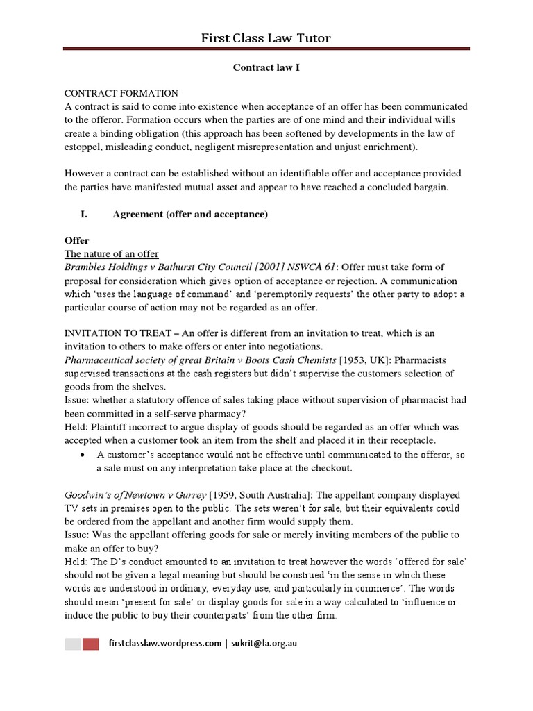 Contract Law 1 Notes | PDF | Offer And Acceptance | Consideration