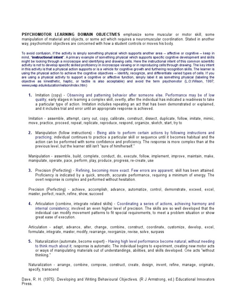Psychomotor Learning Objectives Explained | PDF | Imitation | Action ...