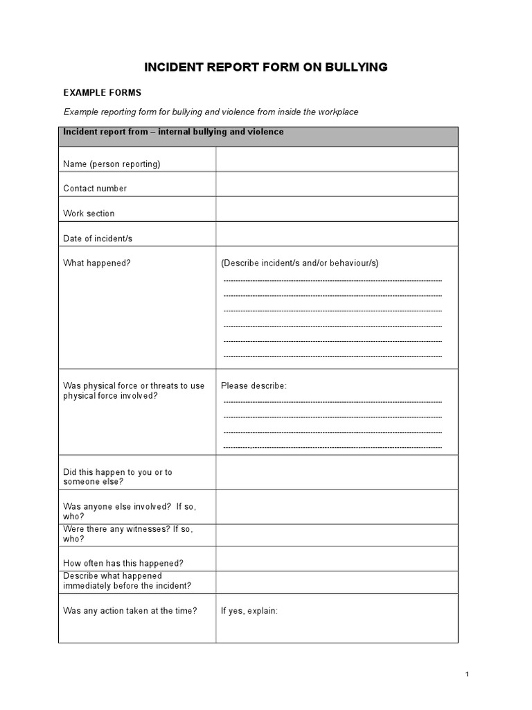 Incident Report Form On Bullying: Example Reporting Form For Bullying ...