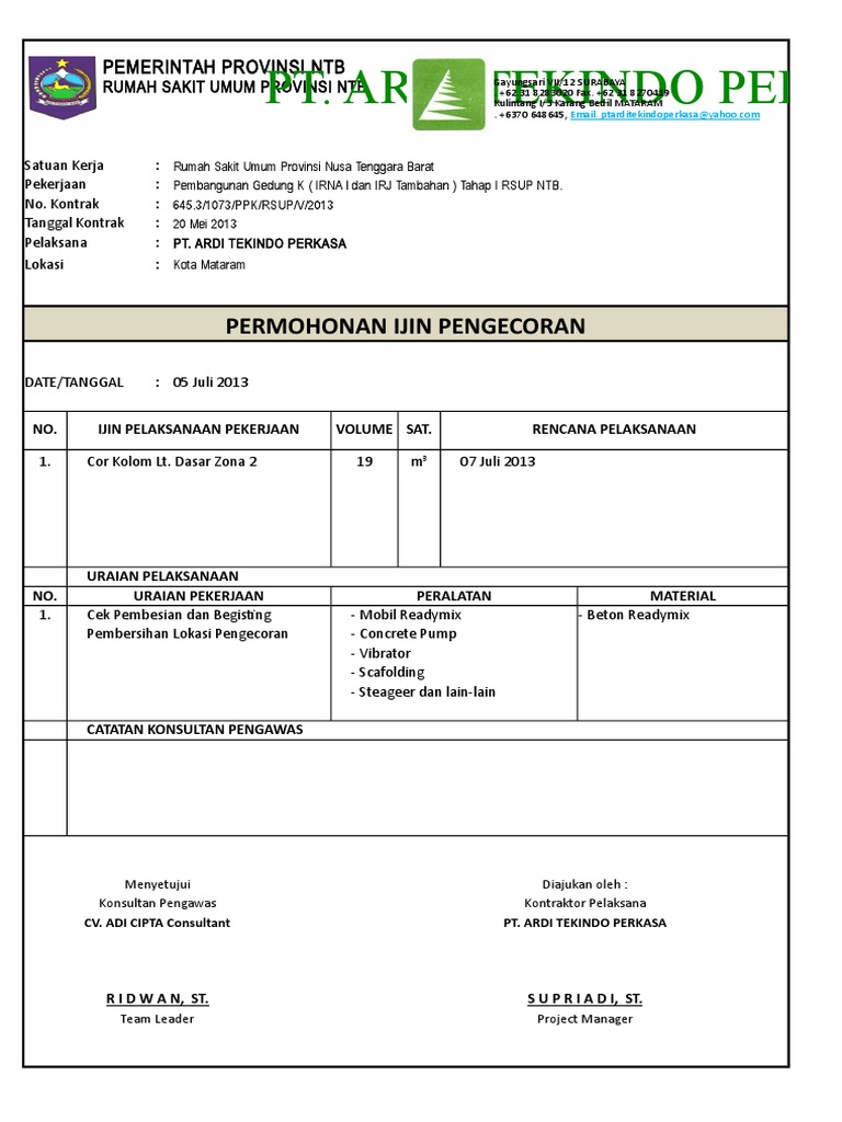 Pt. Ardi Tekindo Perkasa: Permohonan Ijin Pengecoran | PDF