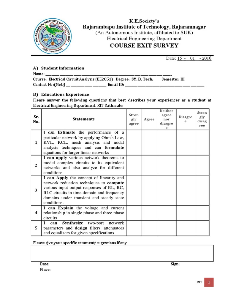 Course Exit Survey EE3071 | PDF | Electrical Network | Electricity