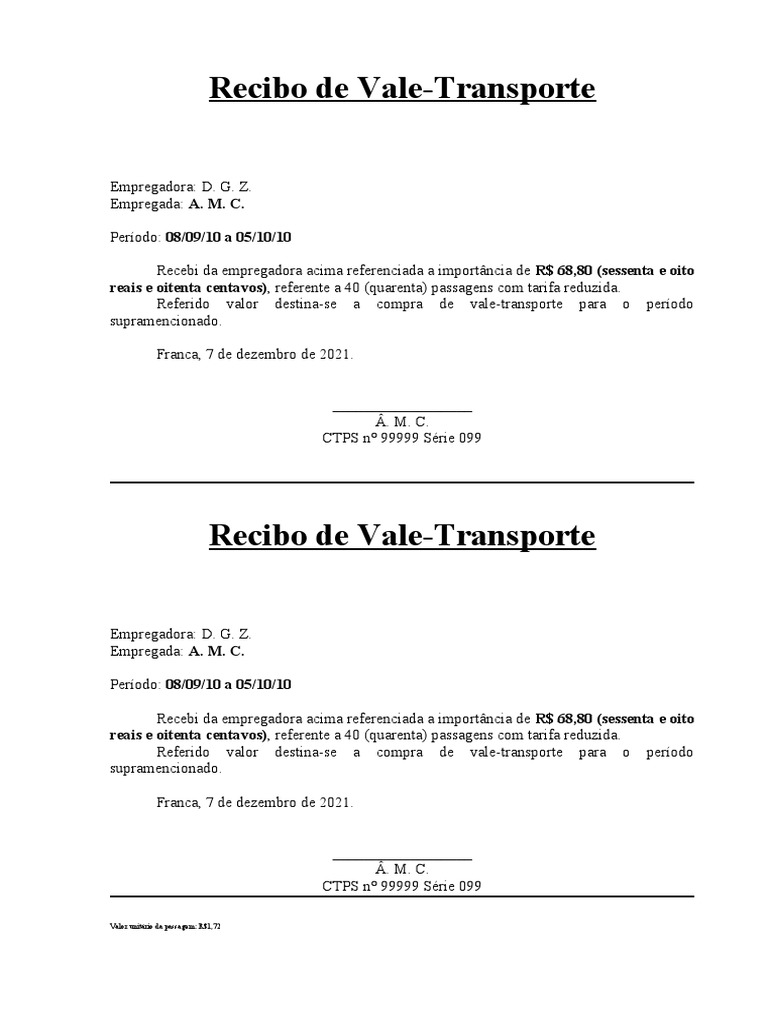 Recibo de Vale Transporte