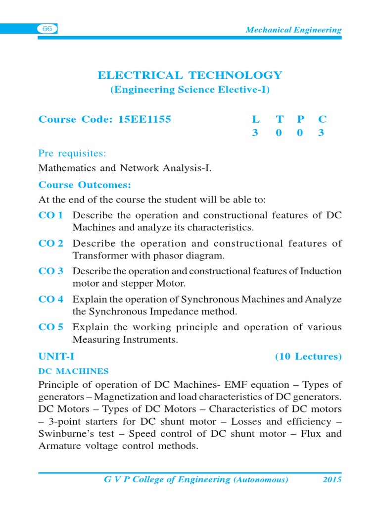 Electrical Technology: Course Code: 15EE1155 L T P C 3 0 0 3 | PDF ...